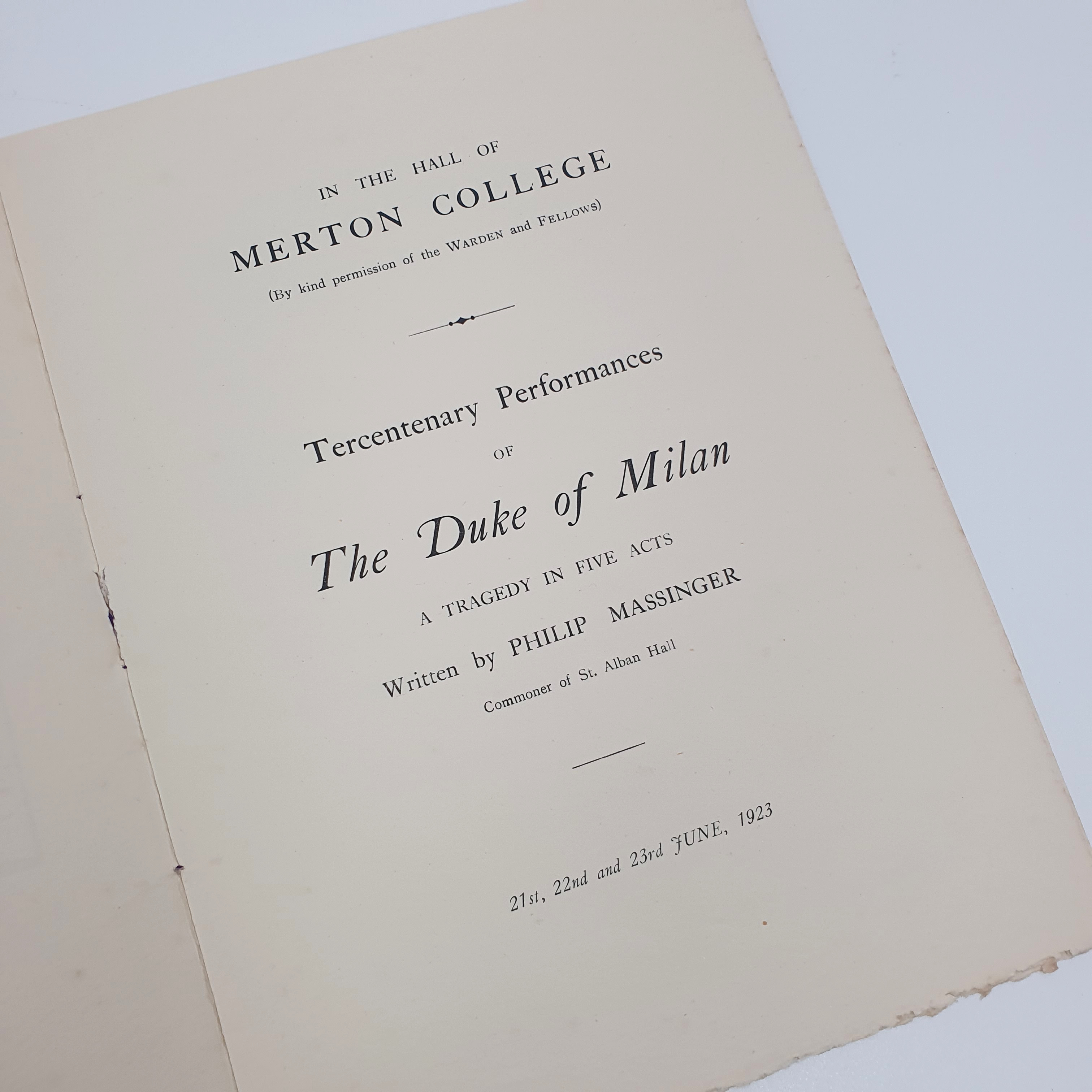 Tercentenary Performances of The Duke of Milan. A Tragedy in Five Acts ...